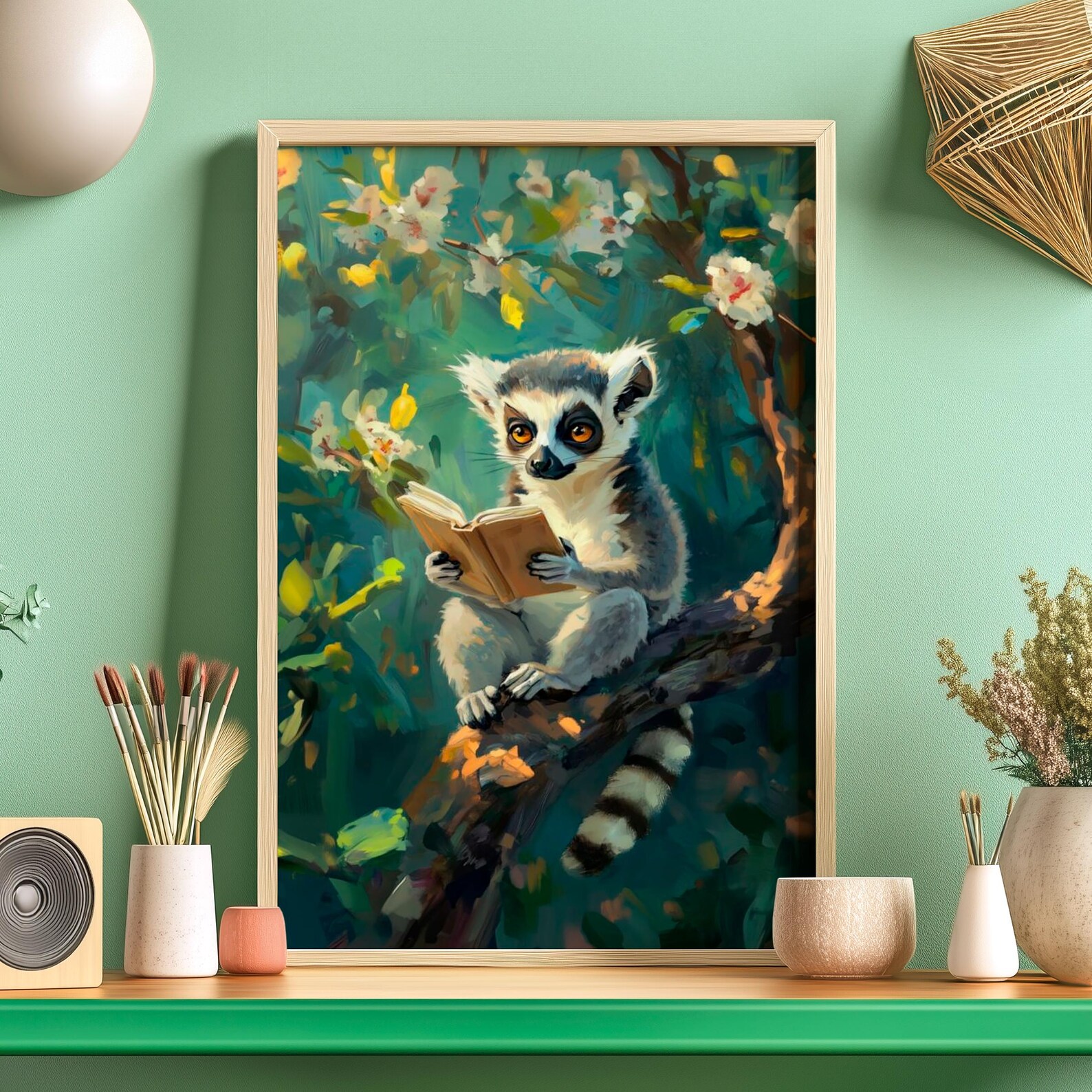 Bookworm Lemur Reading Book Poster, Ring Tailed Lemur Print, Novel ...