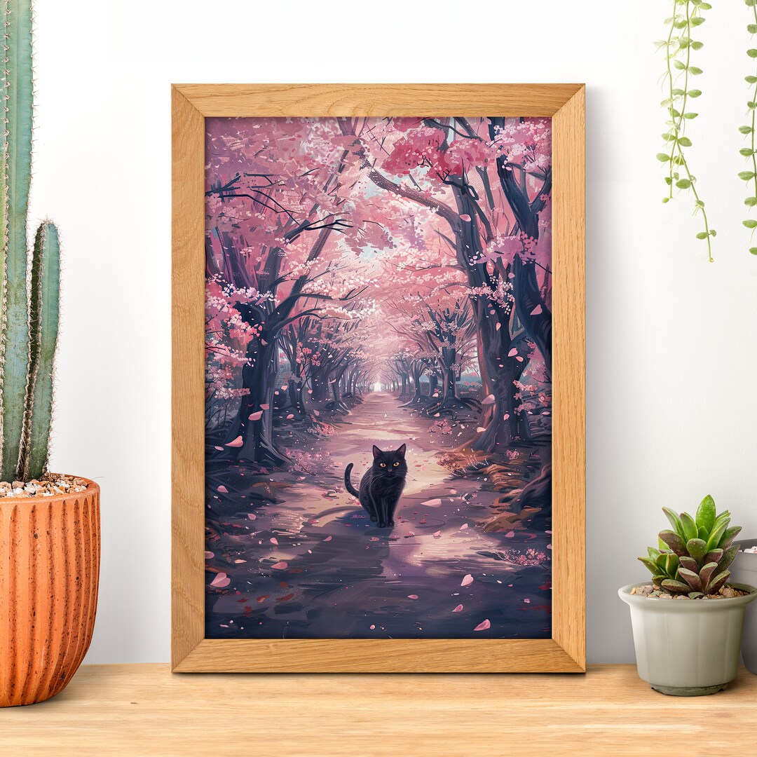 Cherry Blossom Tree Cat Poster, Black Cat Wall Art, Funny Kitten Print ...