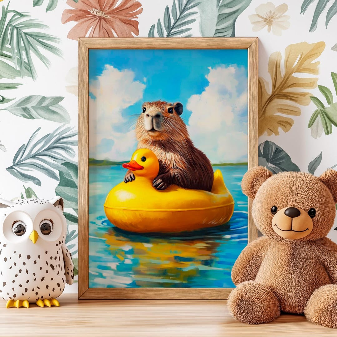 Capybara Rides Rubber Duck Poster, Floating Water Hog, Giant Cavy Print ...
