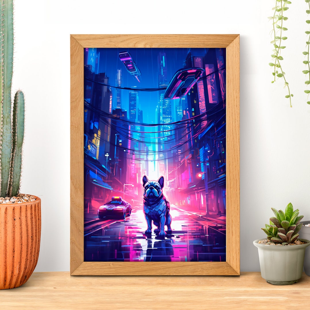 Futuristic Cyberpunk City Bulldog Poster, Funny Dog Print, French ...