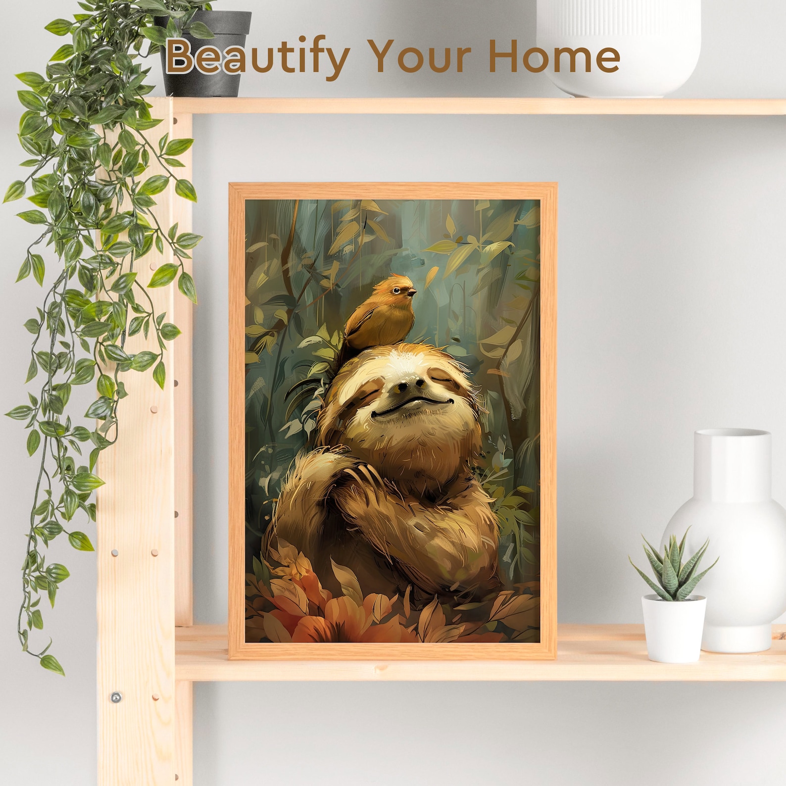 Joyful Sloth and Bird Poster, Funny Sloth Wall Art, Sloth Lover Gift ...