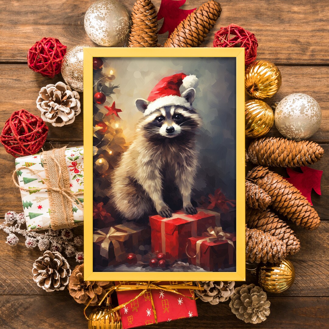 Santa Hat Raccoon Poster, Christmas Decor Wall Art, Vintage Christmas ...