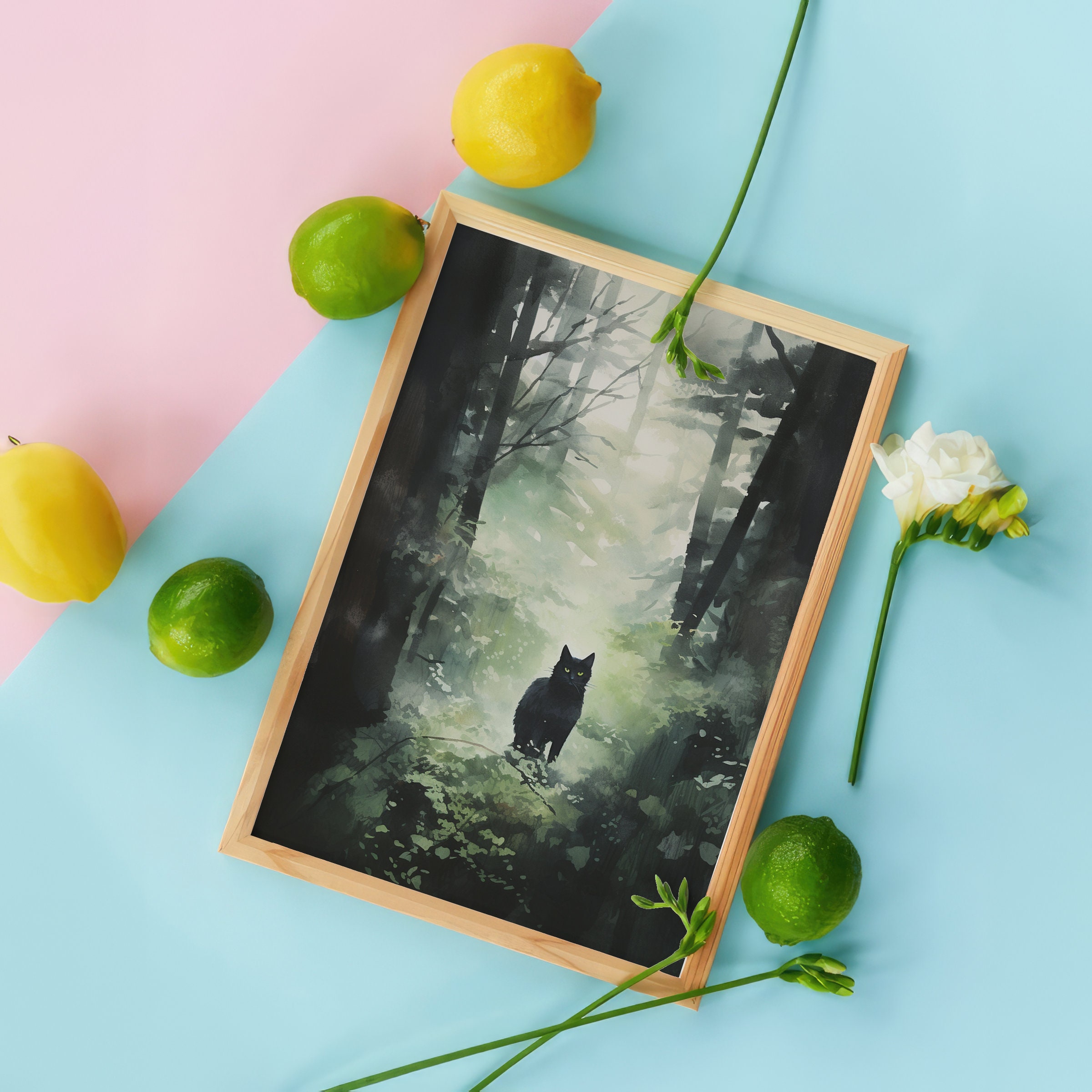 Foggy Forest Cat Poster Watercolor Paintings Black Cat Art - Etsy