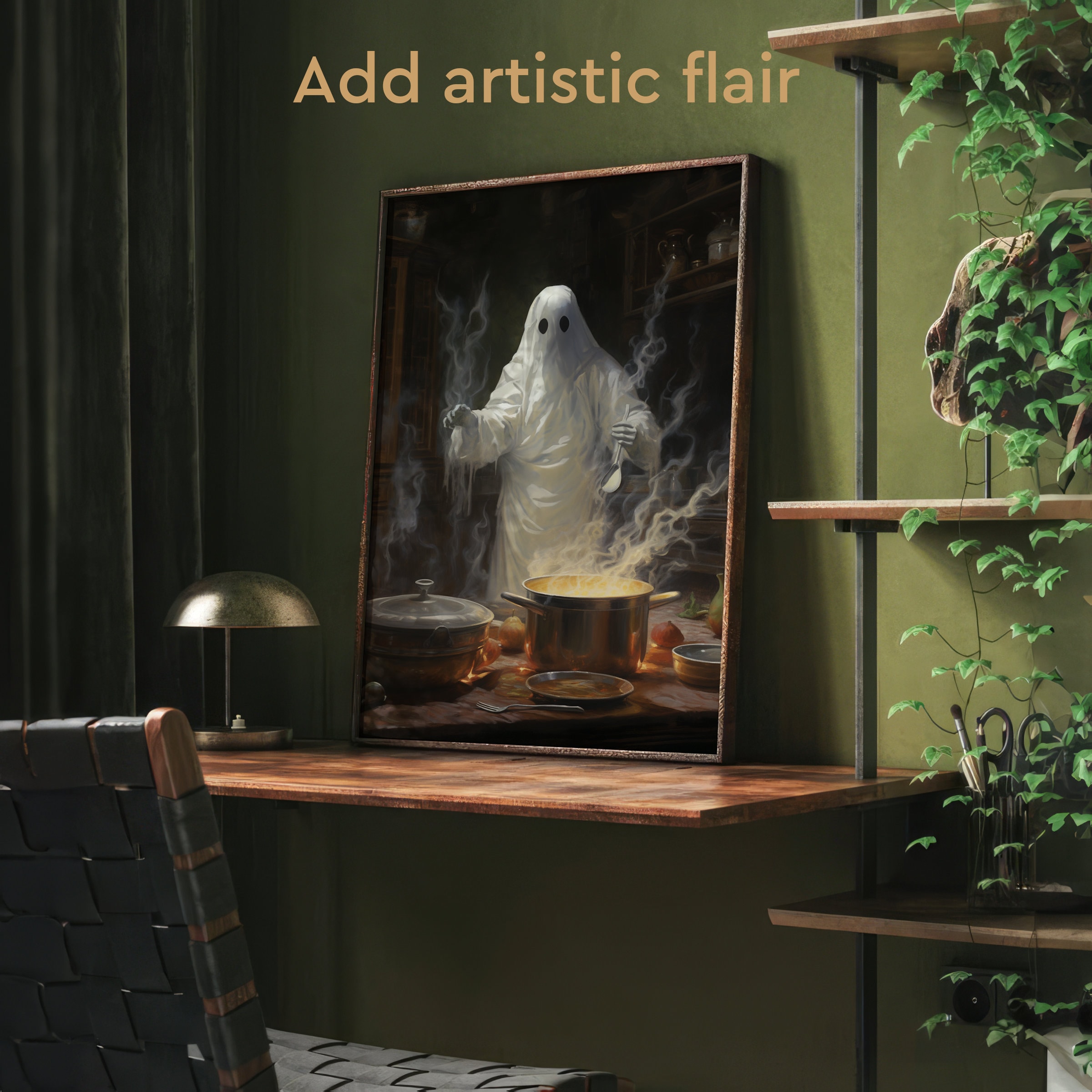 Haunted Kitchen Ghost Chef Poster, Vintage Horror Art Print, Spooky ...