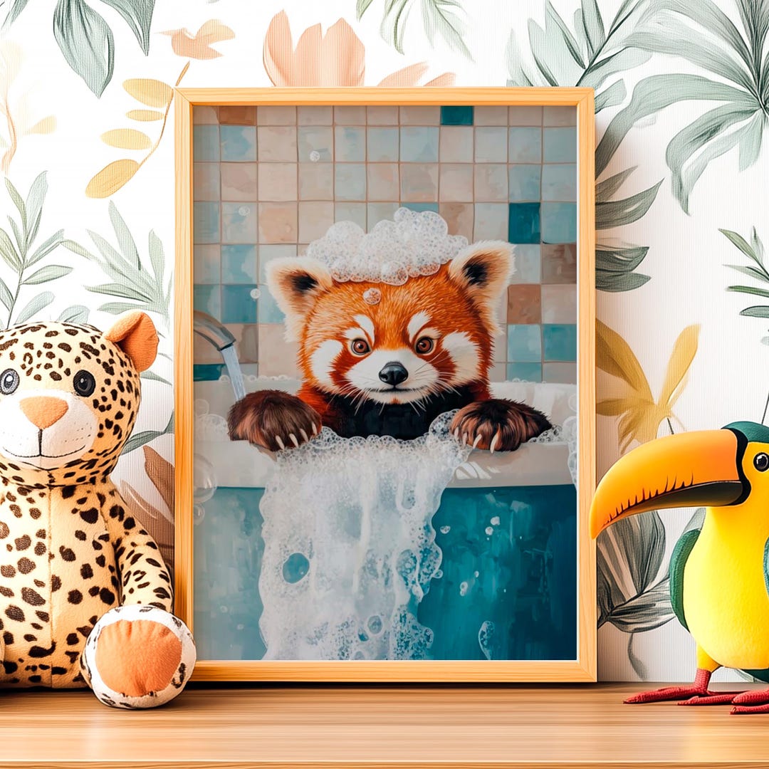 Bathtub Bubble Bath Red Panda Poster, Bathroom Wall Art, Lesser Panda ...