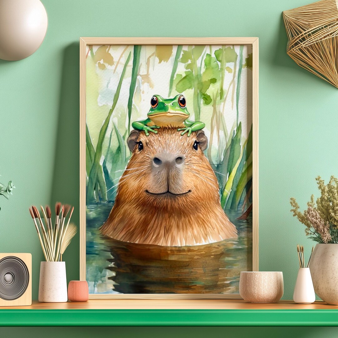 Joyful Capybara and Frog Poster, Funny Water Hog, Herbivore Lover ...