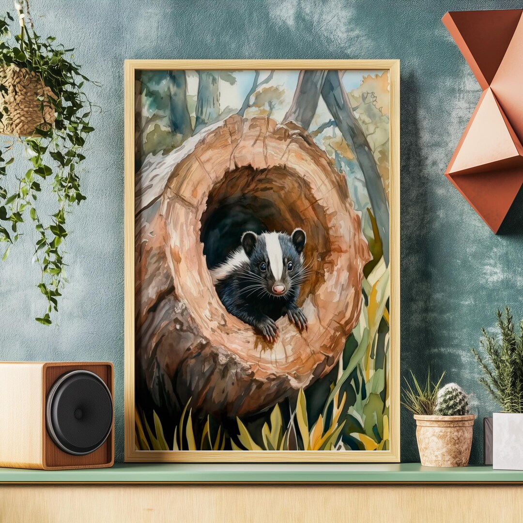 Forest Log Wildlife Skunk Poster, Funny Polecat Print, Mephitidae ...