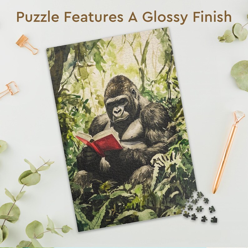 Gorilla Reading Book Jigsaw Puzzle: Watercolor Wall Art Print Decor - Etsy
