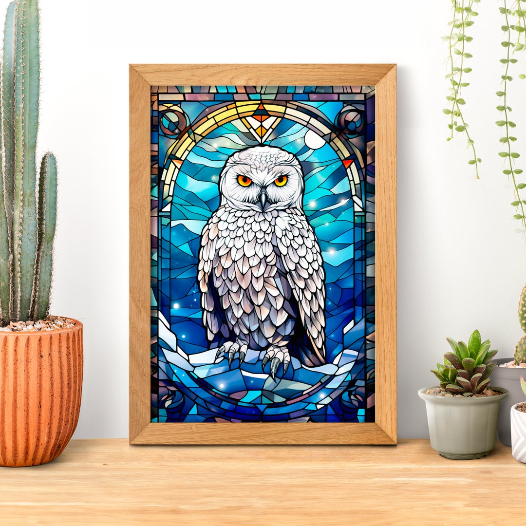 Stained Glass White Owl Poster, Bird Lover Gift, Snowy Owl Animal Home ...