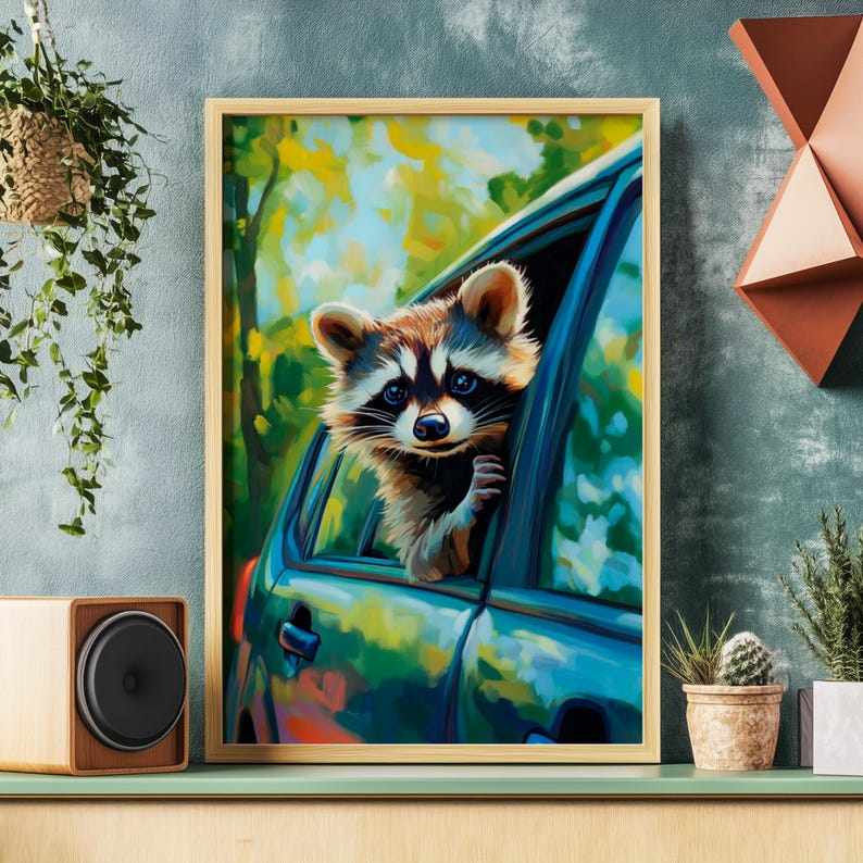 Curious Raccoon Car Window Poster, Funny Trash Panda Print, Wildlife ...