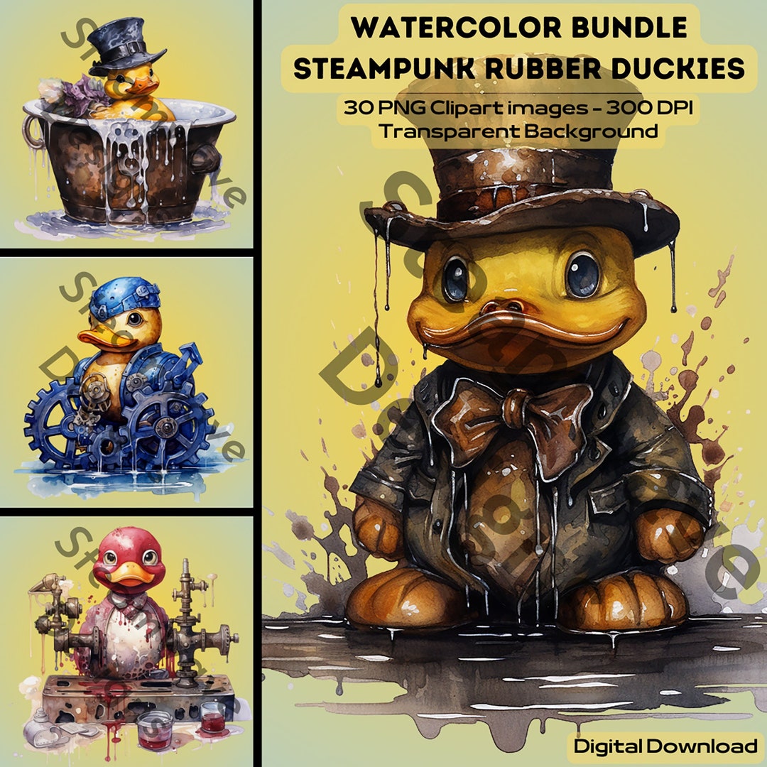 Watercolor Steampunk Rubber Duckie Clipart: 30 PNG Images (digital ...