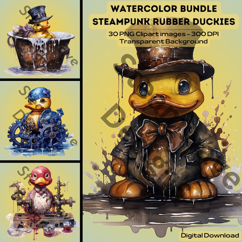 Watercolor Steampunk Rubber Duckie Clipart: 30 PNG Images (digital ...
