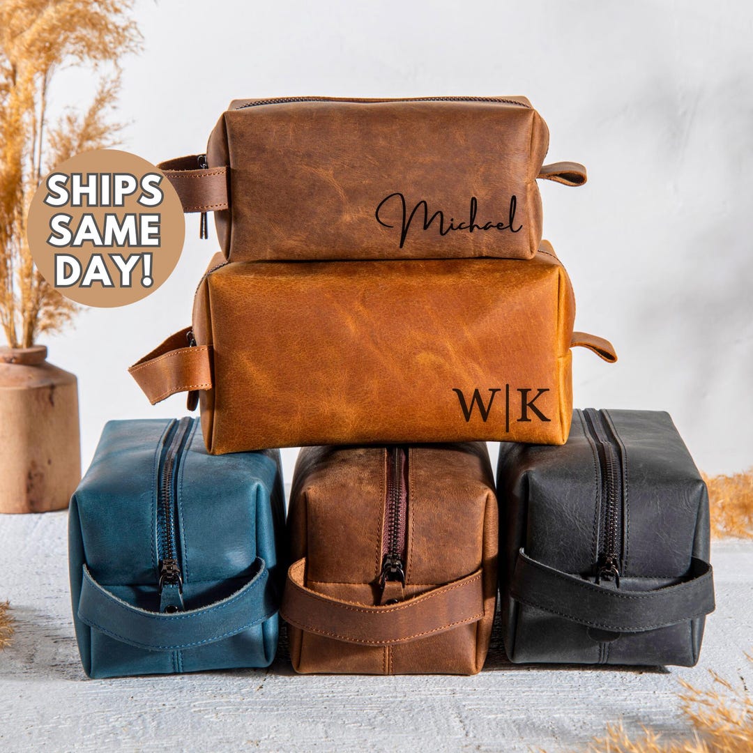 Men's Leather Toiletry Bag, Personalized Dopp Kit for Him, Groomsman ...