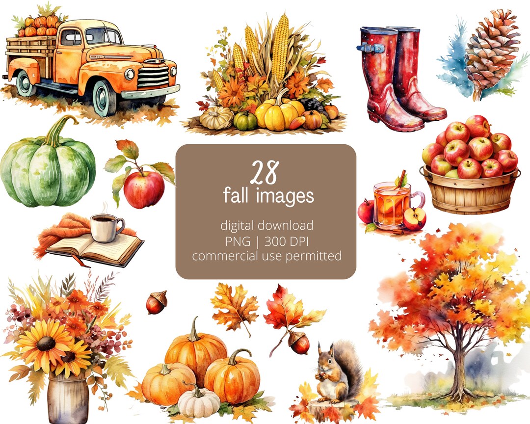 Fall Watercolor Bundle 28 PNG Images Transparent Background Fall ...
