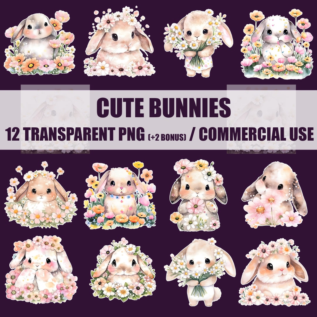 Cute Bunnies Clipart Bundle, 12 Transparent PNG, Commercial Use ...