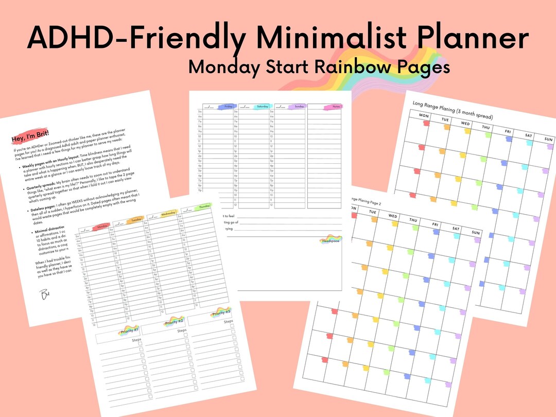 Adhd-friendly Minimalist Rainbow Printable Planner MONDAY Start Hourly ...