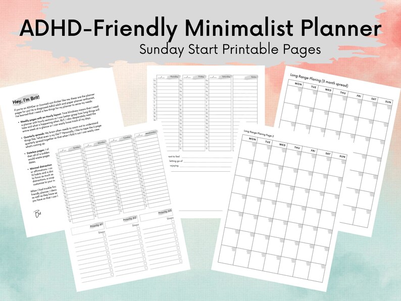 Adhd-friendly Minimalist Printable Planner SUNDAY Start - Etsy