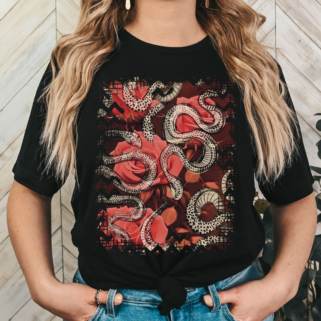 Cool Red Roses Snakes Design Tshirt, Unique Pink Artistic Floral ...