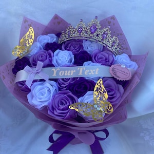Purple Ramo Buchon, Valentine’s Day Eternal Rose Bouquet, Ribbon Rose ...