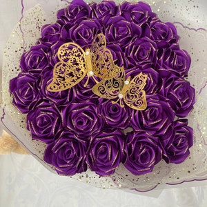 Purple Glitter Eternal Rose Bouquet, Handmade Fake Flowers Bouquet ...