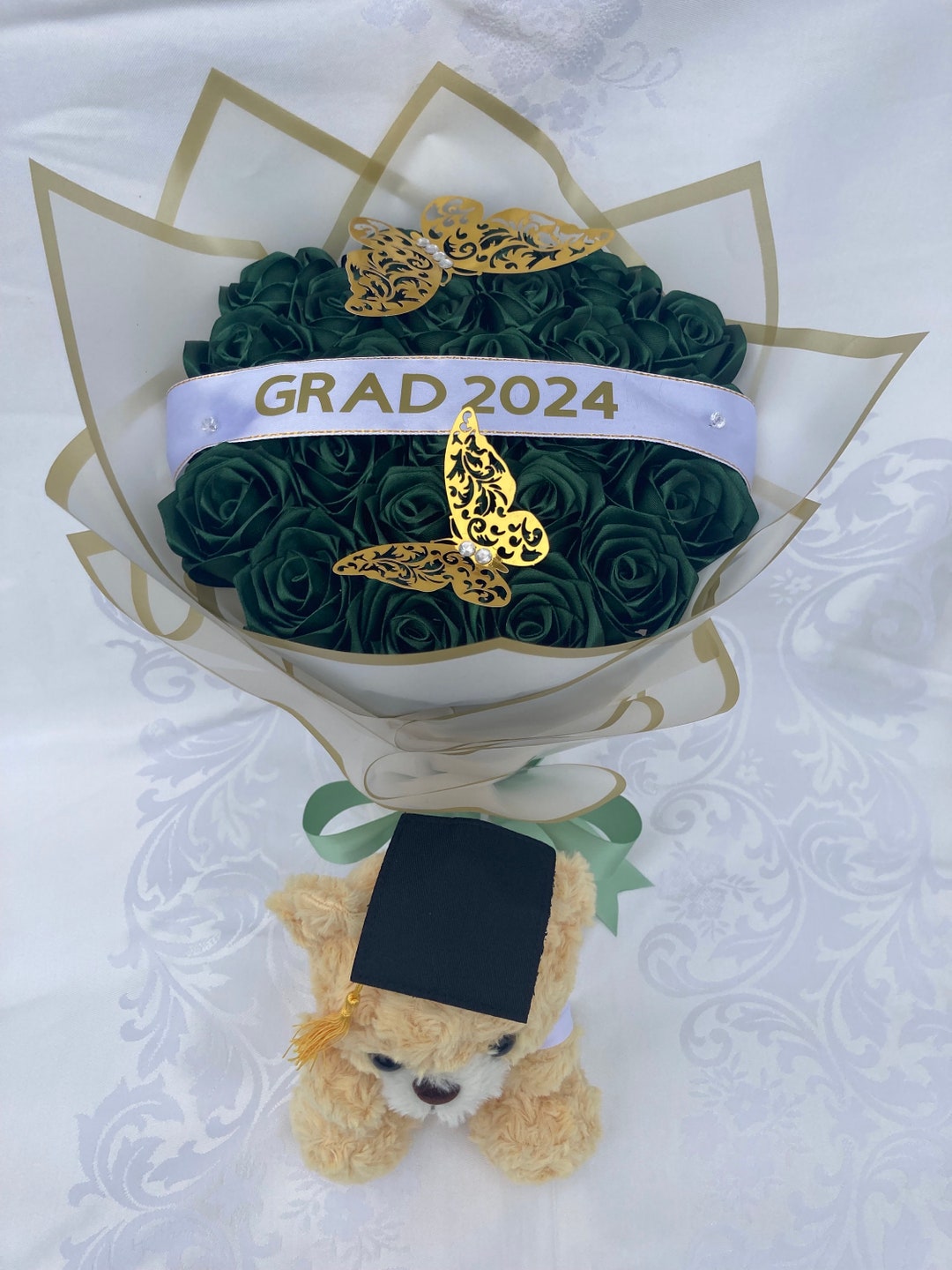 Graduation Ramo Buchon With Teddy Bear, Eternal Rose Bouquet, Handmade ...