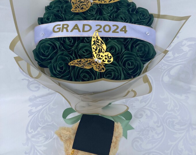 Graduation Ramo Buchon With Teddy Bear, Eternal Rose Bouquet, Handmade Fake Flower, Ever Lasting ...