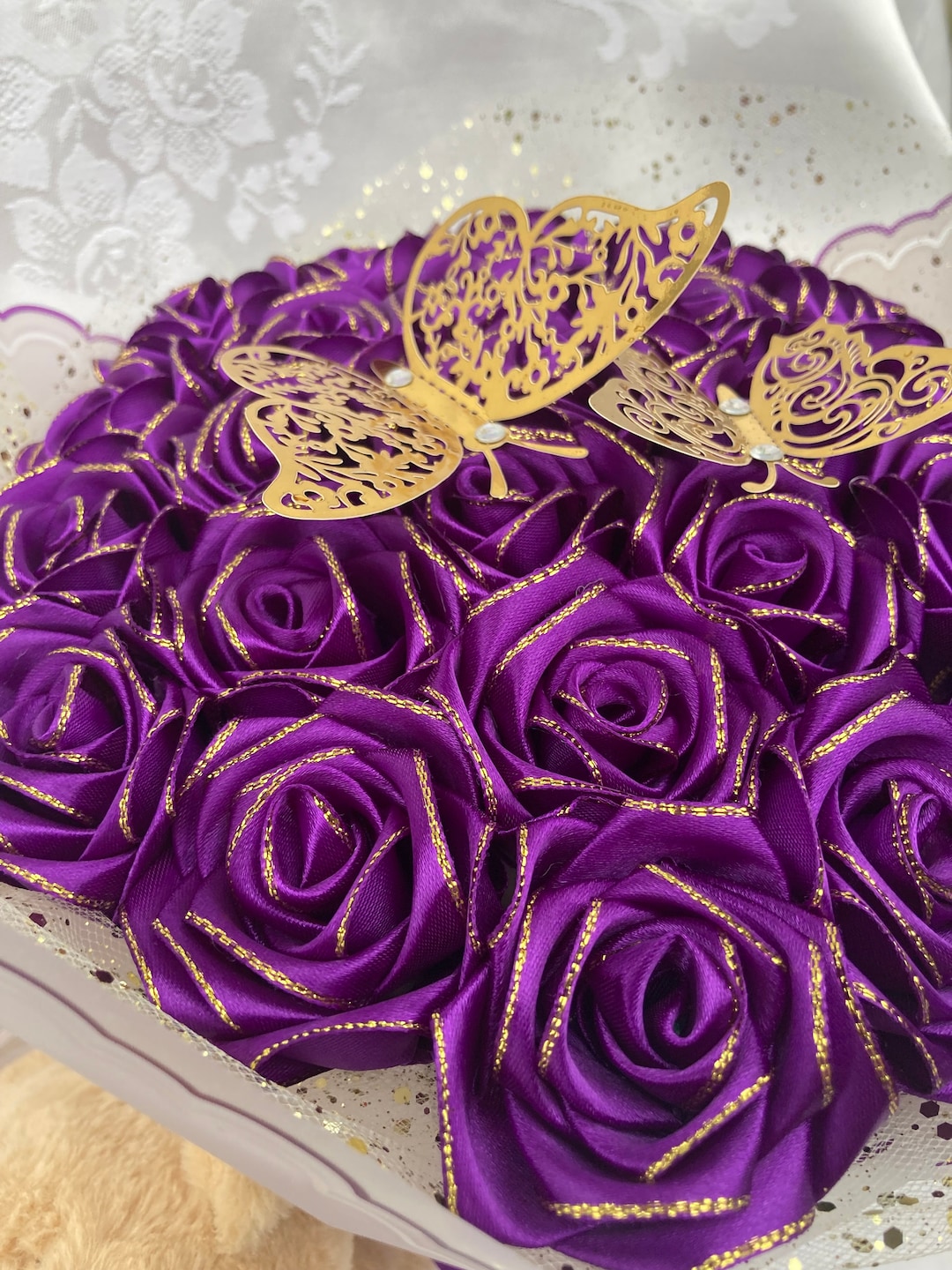 Purple Glitter Eternal Rose Bouquet, Handmade Fake Flowers Bouquet ...
