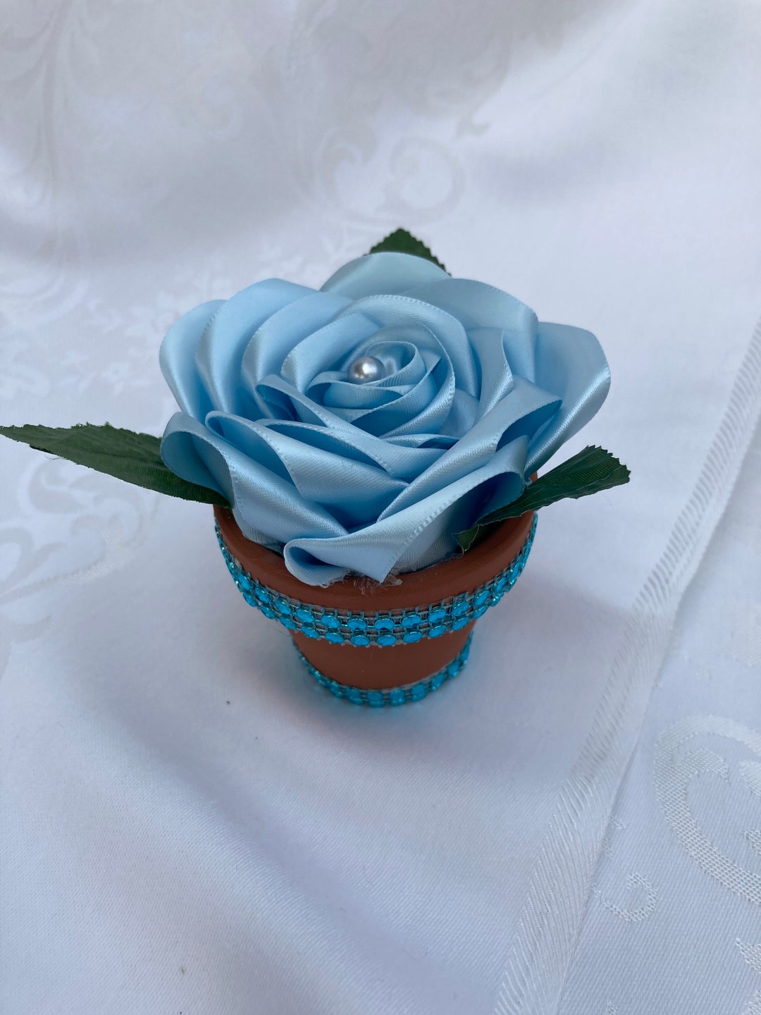 Single Rose Gift, Handmade Satin Rose Mini Flower Pot Home Decor Gift ...