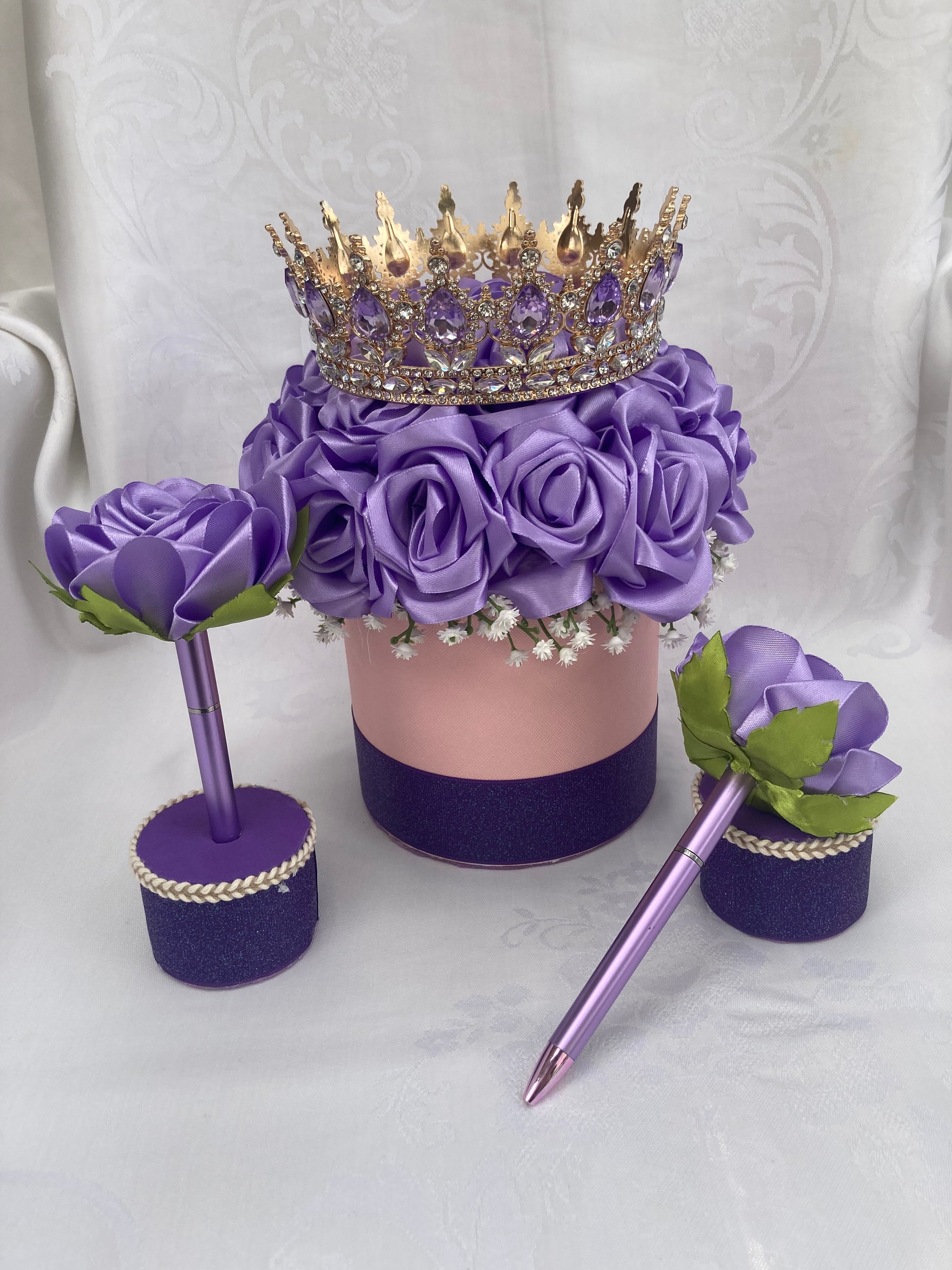 Personalized Box of Fake Roses, Bouquet Gift Set, Crown and Pen Set ...