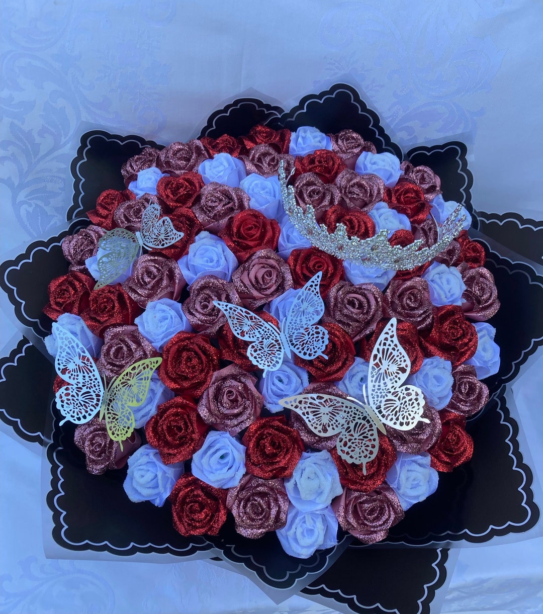 Glitter Ramo Buchon, 3 Color Eternal Rose Bouquet, Handmade Fake ...