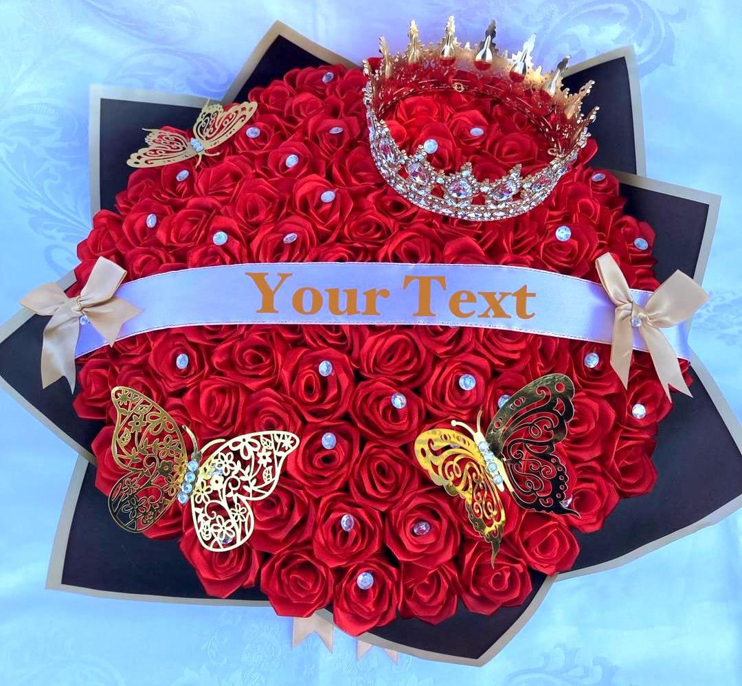 100 Rose Eternal Rose Bouquet W/ Crown, Queen Bouquet, Ramo Buchon, Birthday Bouquet, Engagement ...