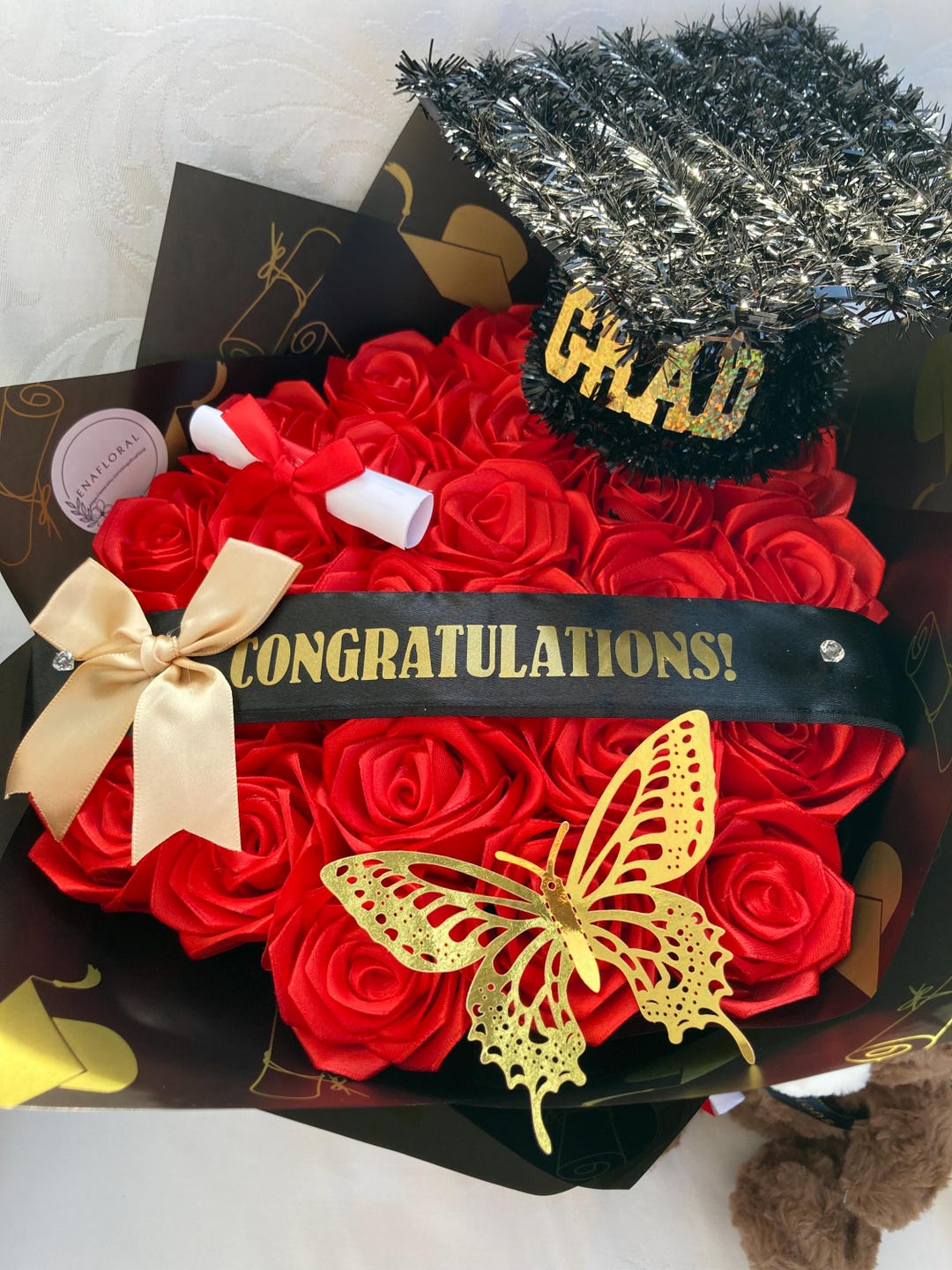 Graduation Ramo Buchon With Teddy Bear, Eternal Rose Bouquet, Handmade ...