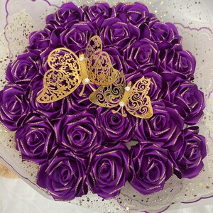 Purple Glitter Eternal Rose Bouquet, Handmade Fake Flowers Bouquet ...