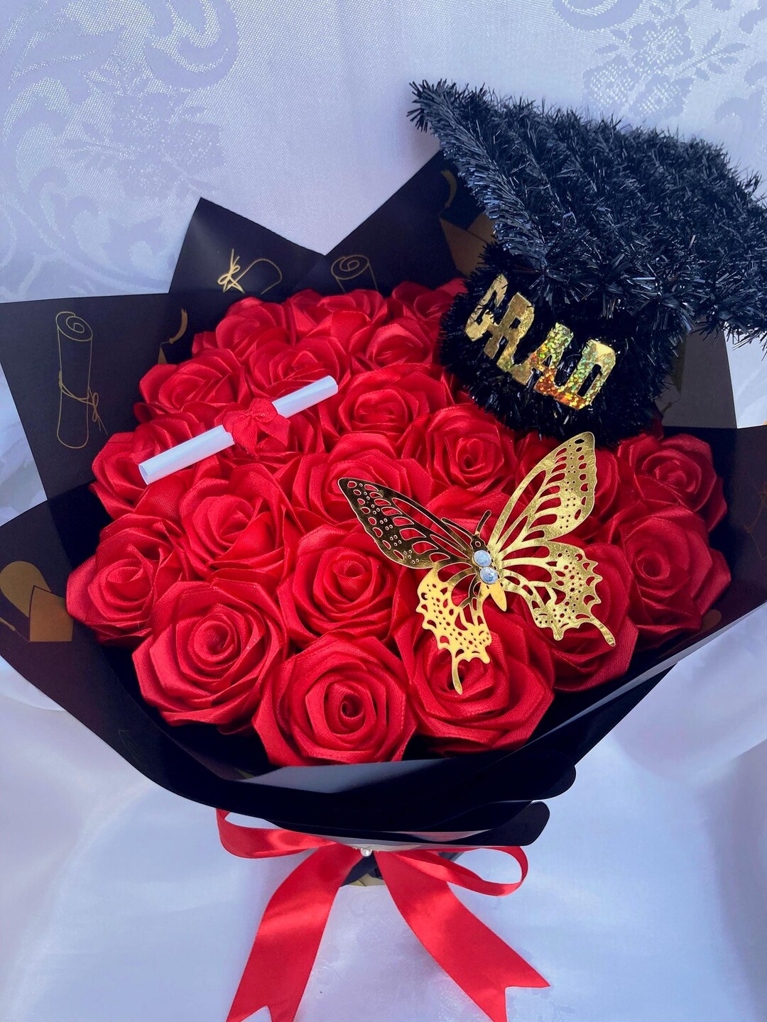 Graduation Ramo Buchon With Teddy Bear, Eternal Rose Bouquet, Handmade ...