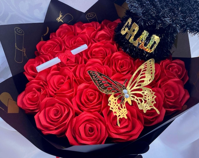 Graduation Ramo Buchon With Teddy Bear, Eternal Rose Bouquet, Handmade Fake Flower, Ever Lasting ...