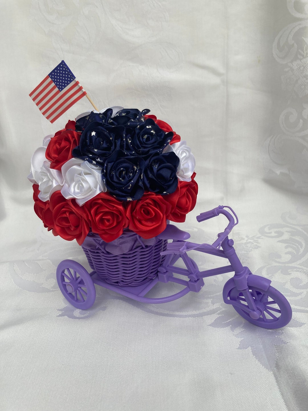 Patriotic Decor, American Flag Bouquet, Handmade Ribbon Rose, Patriotic ...
