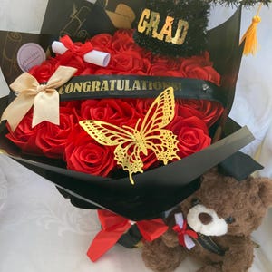 Graduation Ramo Buchon With Teddy Bear, Eternal Rose Bouquet, Handmade ...