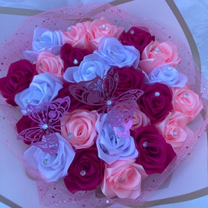 Ramo Buchon, Pink Eternal Rose Bouquet, Handmade Fake Flowers Bouquet, Ever Lasting Flower ...