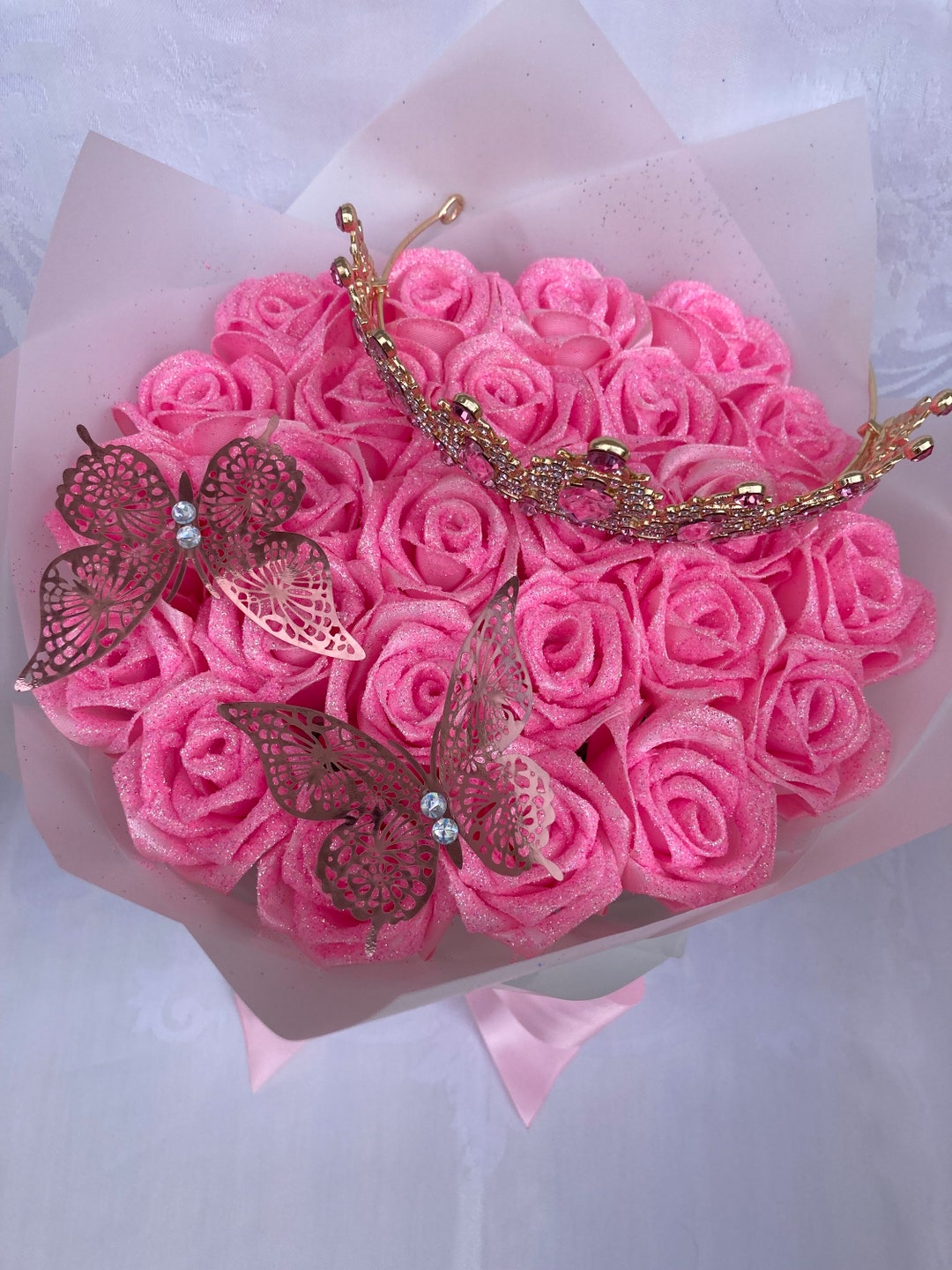 PINK Glitter Bouquet, Ramo Buchon, Eternal Rose Bouquet, Handmade Fake ...