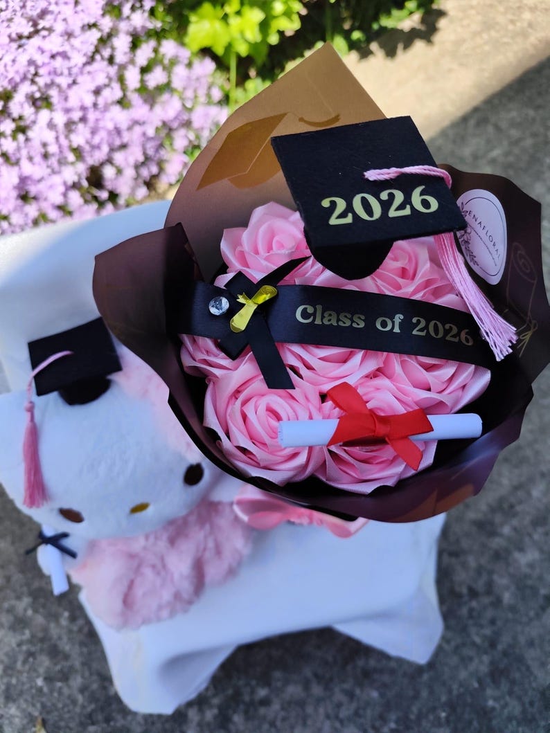 Hello Kitty Grad Bouquet, Graduation Gift, Plush Ribbon Roses, Handmade ...