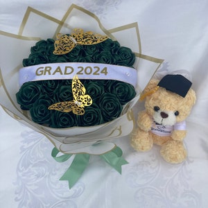 Graduation Ramo Buchon With Teddy Bear, Eternal Rose Bouquet, Handmade ...