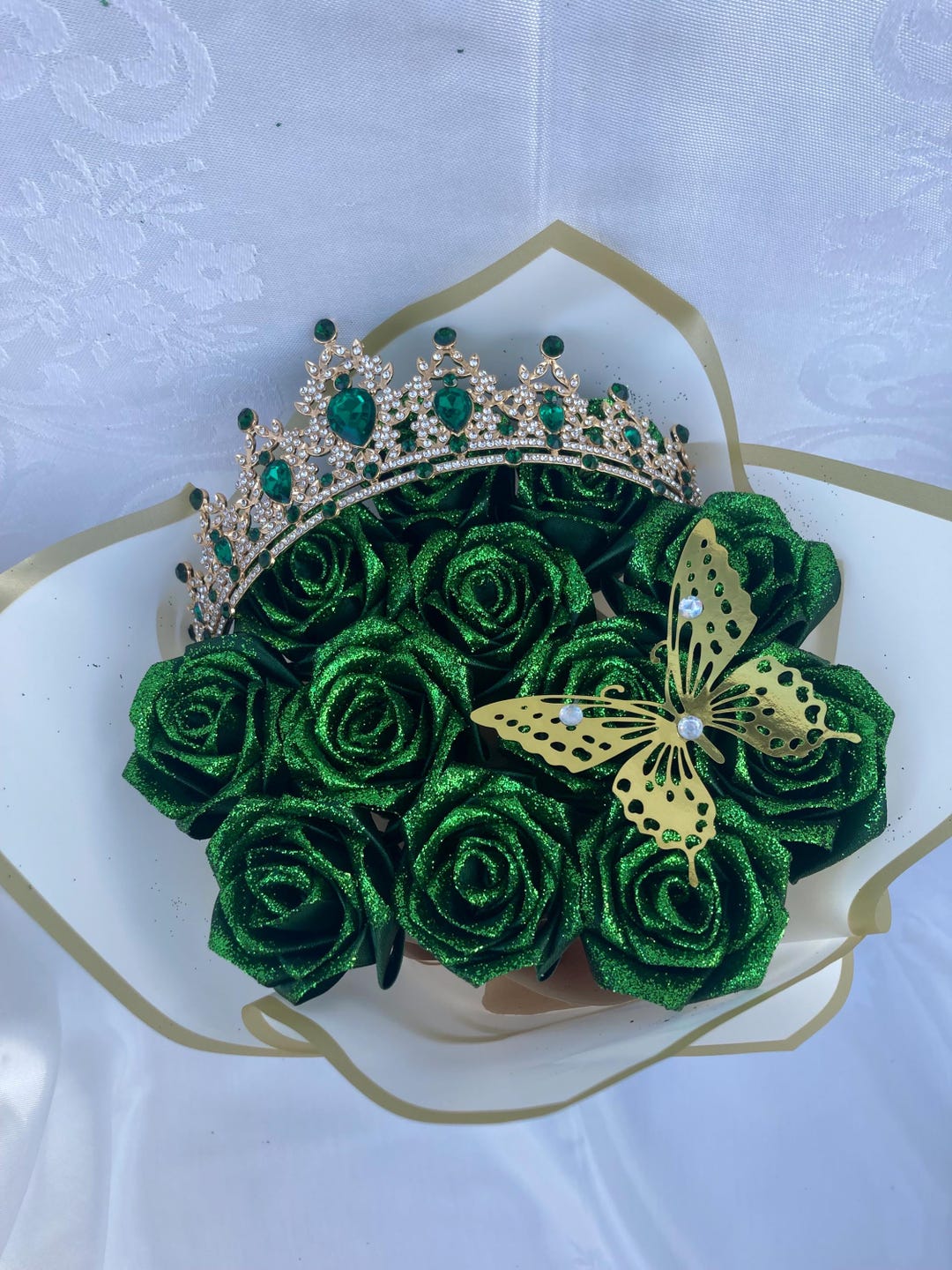 Green Glitter Ramo Buchon, Eternal Rose Bouquet, Handmade Fake Flowers ...