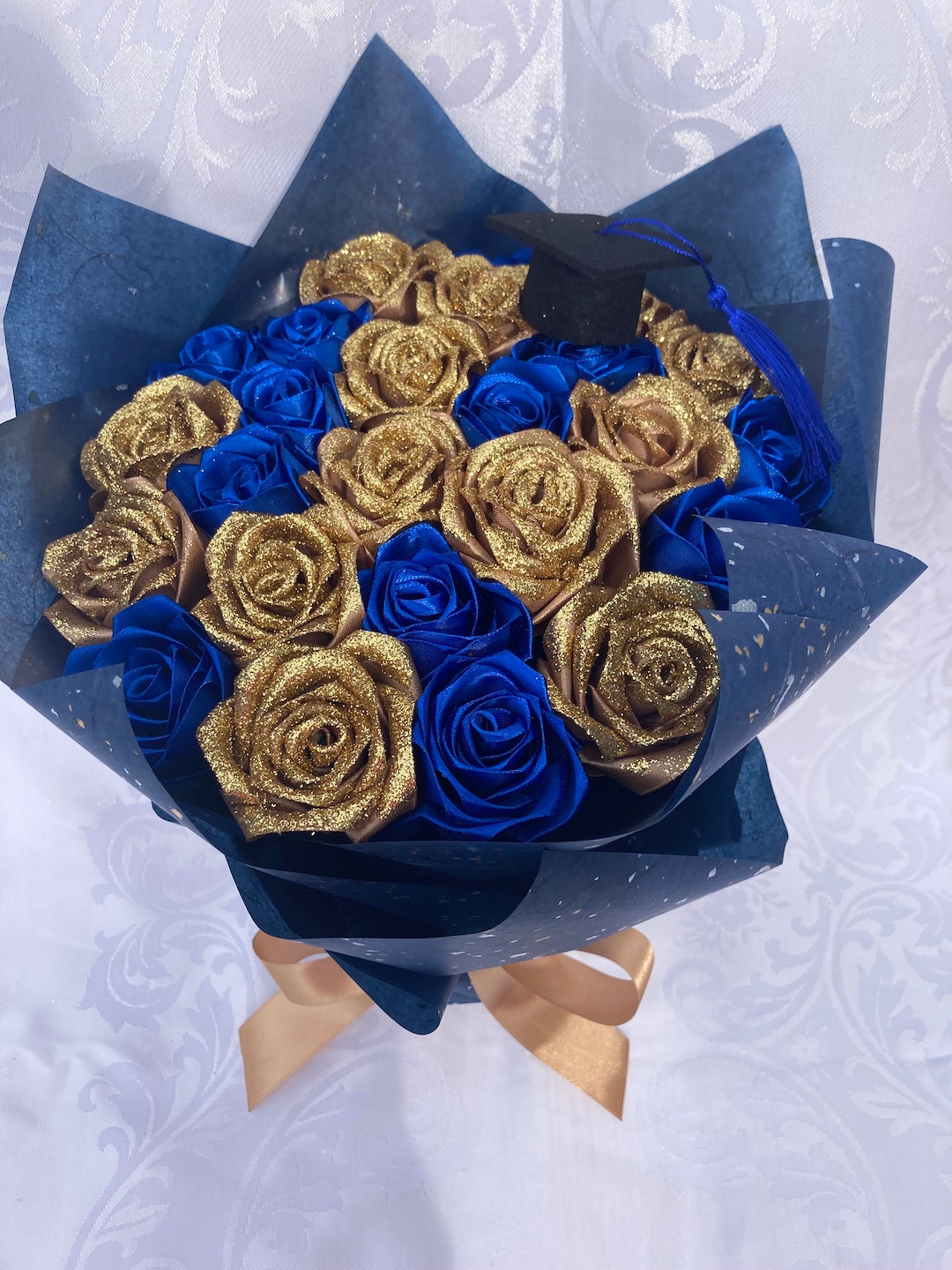 Limited Edition Graduation Ramo Buchon, Gold Glitter Eternal Rose Bouquet, Handmade Fake Flowers ...