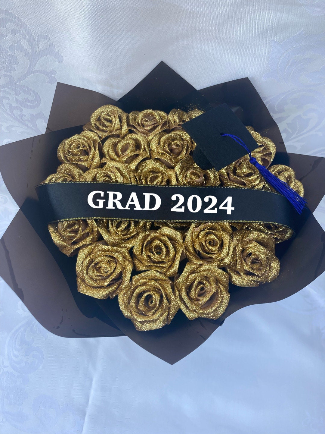 Graduation Ramo Buchon, Gold Glitter Eternal Rose Bouquet, Handmade Fake Flowers, Ever Lasting ...