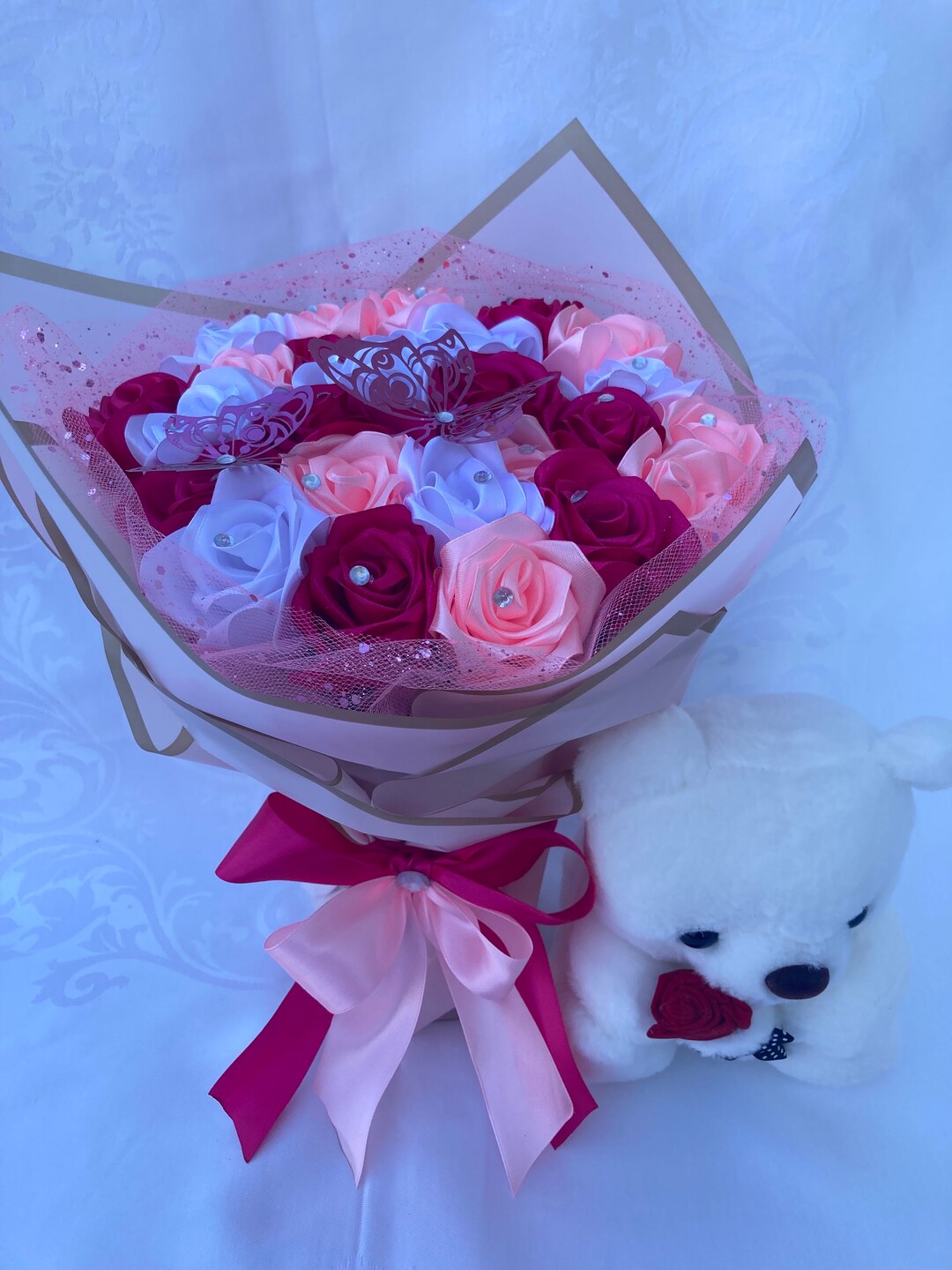 Ramo Buchon, Pink Eternal Rose Bouquet, Handmade Fake Flowers Bouquet, Ever Lasting Flower ...