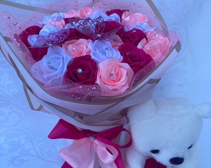 Ramo Buchon, Pink Eternal Rose Bouquet, Handmade Fake Flowers Bouquet, Ever Lasting Flower ...