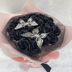 Black Glitter Ramo Buchon, Eternal Rose Bouquet, Handmade Fake Flowers ...
