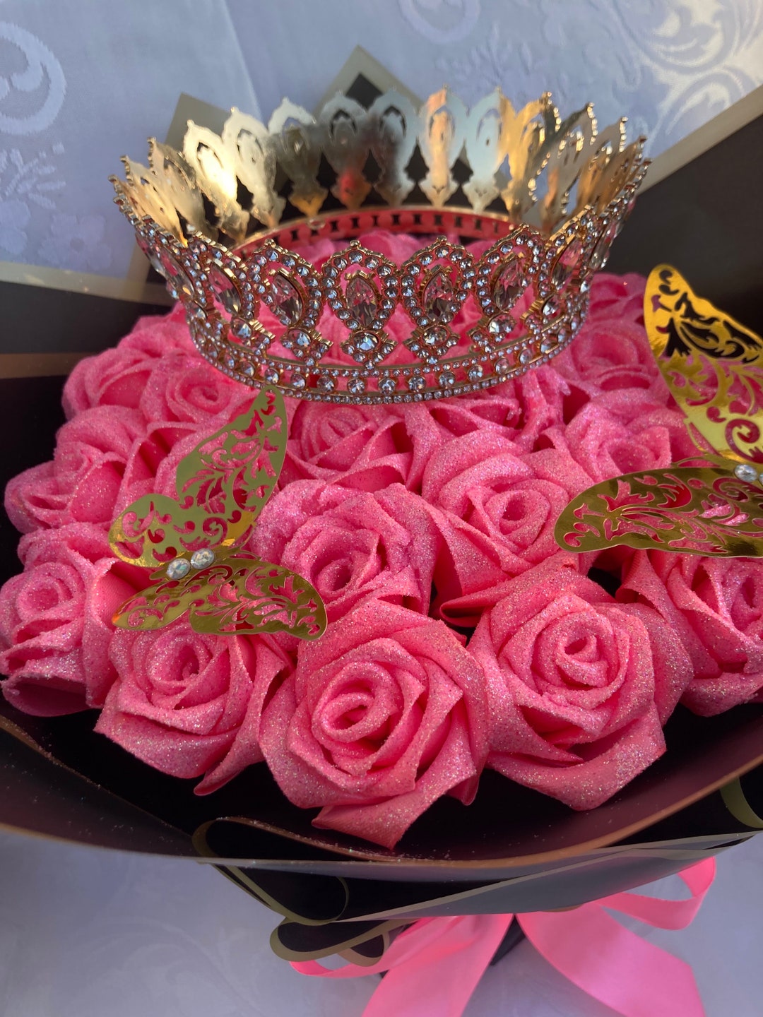 Pink Glitter Ramo Buchon, Eternal Rose Bouquet, Handmade Fake Flower ...