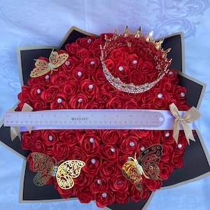 100 Rose Eternal Rose Bouquet W/ Crown, Queen Bouquet, Ramo Buchon, Birthday Bouquet, Engagement ...
