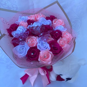 Ramo Buchon, Pink Eternal Rose Bouquet, Handmade Fake Flowers Bouquet, Ever Lasting Flower ...